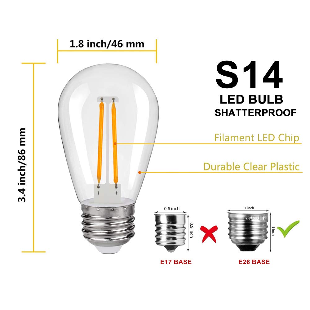 EMITTING 15 Pack LED S14 Replacement Light Bulbs, 2W Shatterproof Waterproof Outdoor String Light Bulbs,E26 Regular Base,2200K Warm White,150LM,CRI80,Non-Dimmable