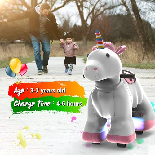 HOVER HEART Electric Animal Ride On Toy, 6V Powered Unicorn Ride-on with Wheels, Led Lights, Safety Belt, A Great Gift Choice for Kid