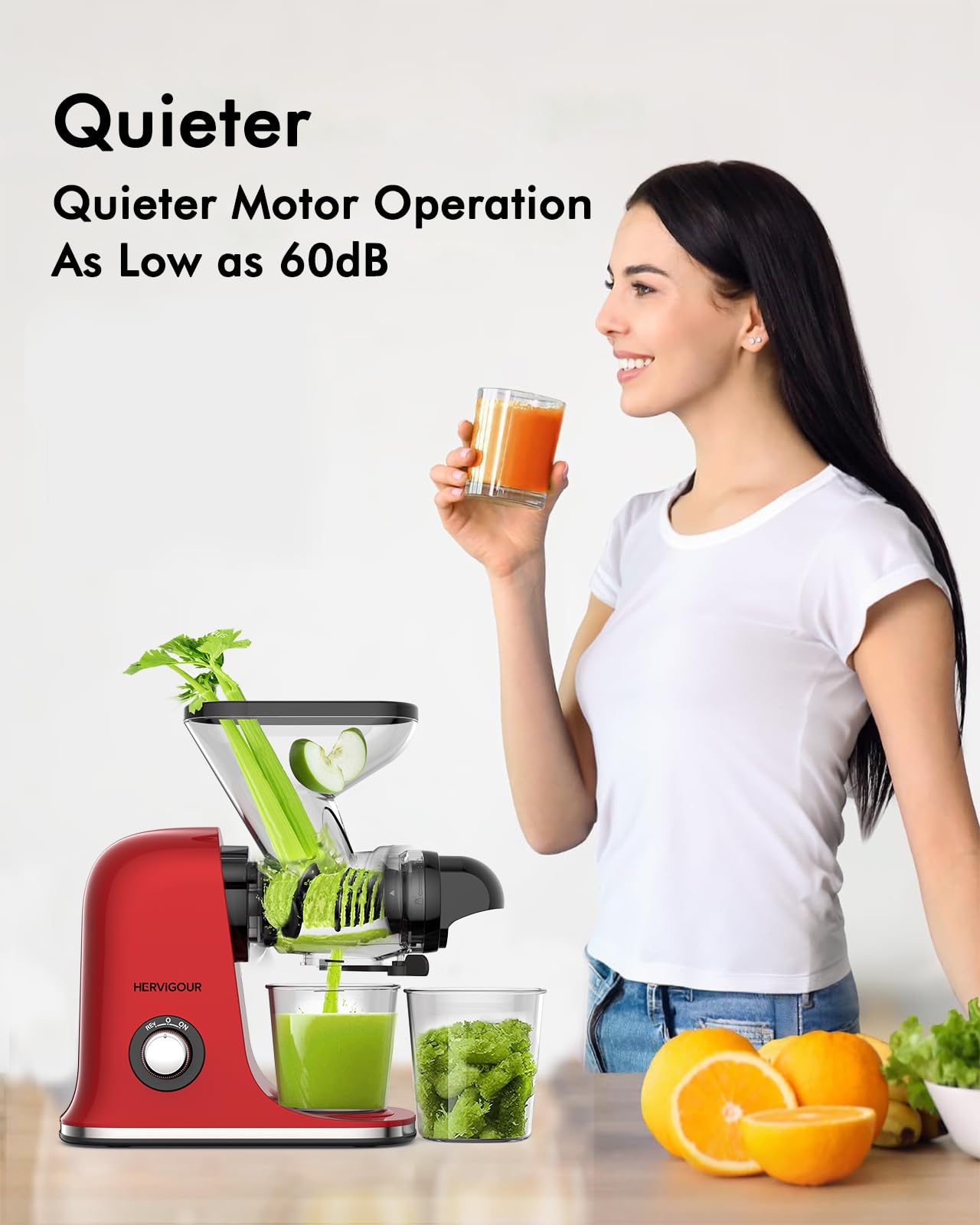 Hervigour Cold Press Juicer Machine, Dual Mouth Slow Masticating Juicer, Compact Design to Extract Juice from Fruits and Vegetables, Celery and Wheatgrass Juice Maker, Easy to Clean, BPA Free (Red)