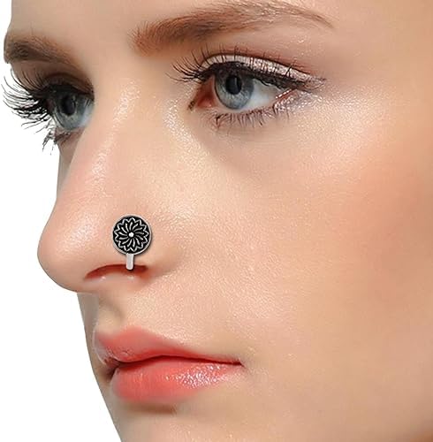 Efulgenz Indian Silver oxidized Faux Fake Non Piercing Open Hoop Ring Clip on Nose Studs Body Jewelry (Style 3)