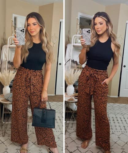 SySea Womens High Waist Leopard Pants Wide Leg Long Belted Palazzo Trousers with Pockets
