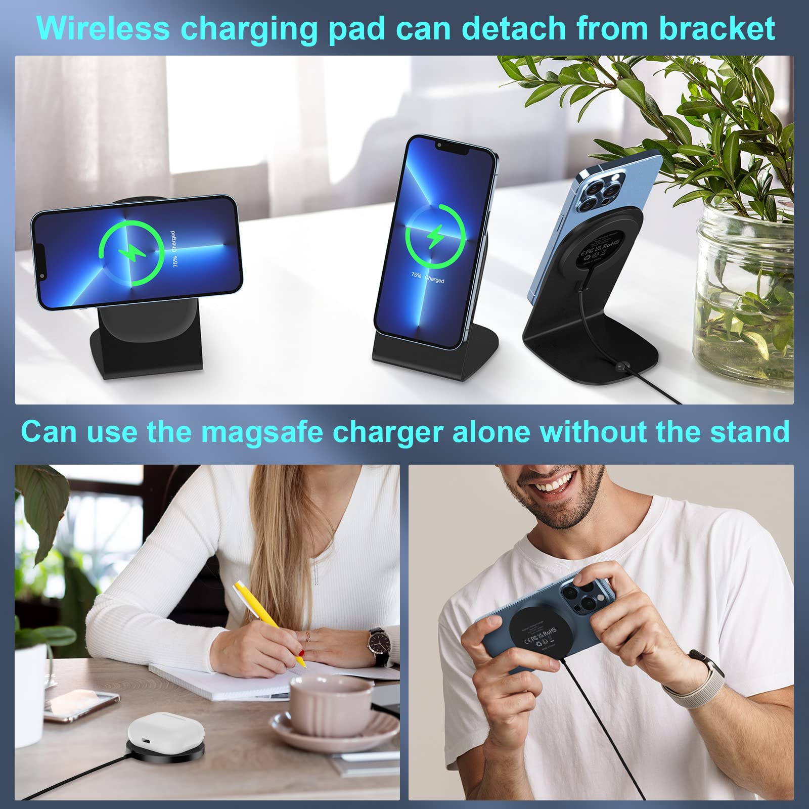Magnetic Wireless Charger Compatible with13/12 Series,Charger with 20W USB-C Power Adapter, Aluminum Alloy Convertible Fast Wireless Charging Pad/Stand for Phone 13/12 Pro Max Mini