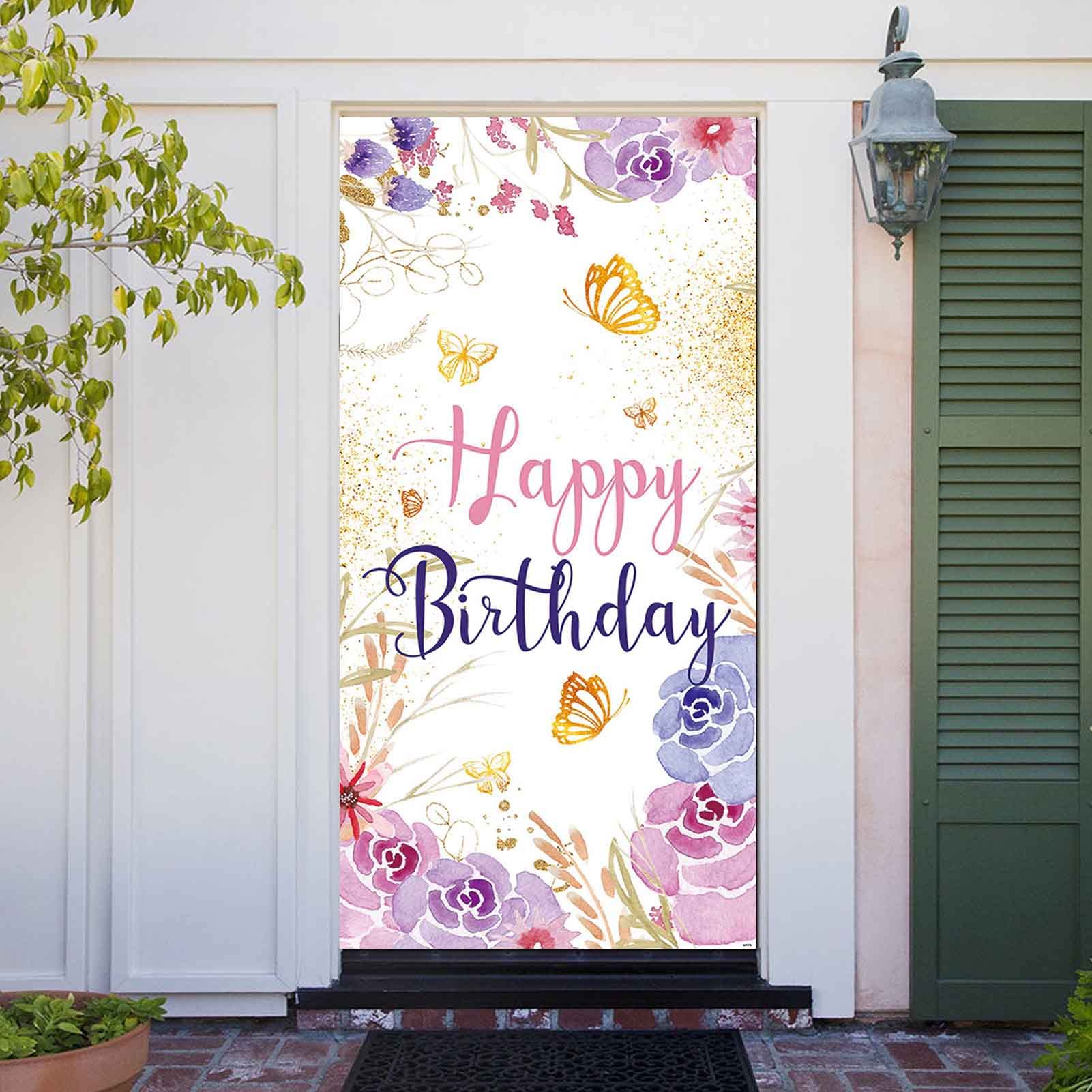 Floral Butterfly Happy Birthday Door Banner Decor Supplies Girls Birthday Party Door Banner Cake Table Banner 72.8x35.4in Outdoor & Indoor Hanging Banner