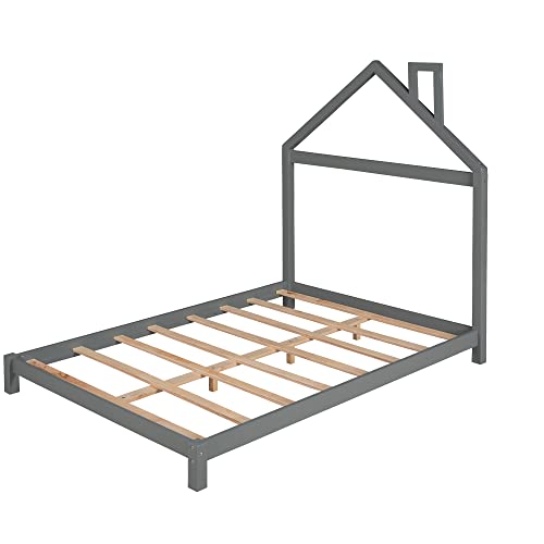 Oudiec Full Size Wood Platform Bed with House-Shaped Headboard,Wooden Bedframe for Boys/Girls/Teens/Kids Bedroom, No Box Spring Required, Gray