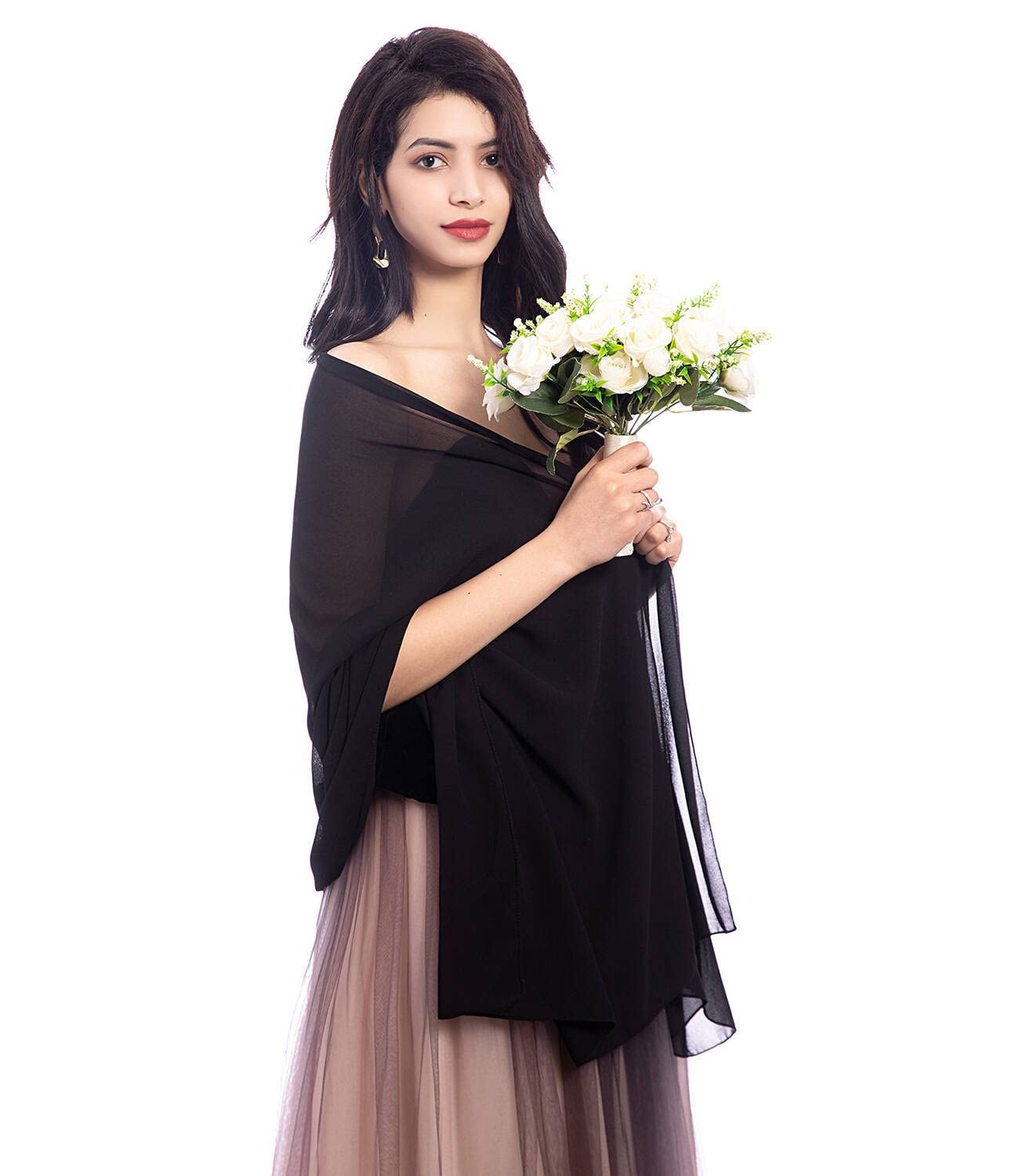 Finercore Womens Large Chiffon Shawl Wraps Scarf for Evening Dresses Bridal Bridesmaid Shawl for Wedding (Black)