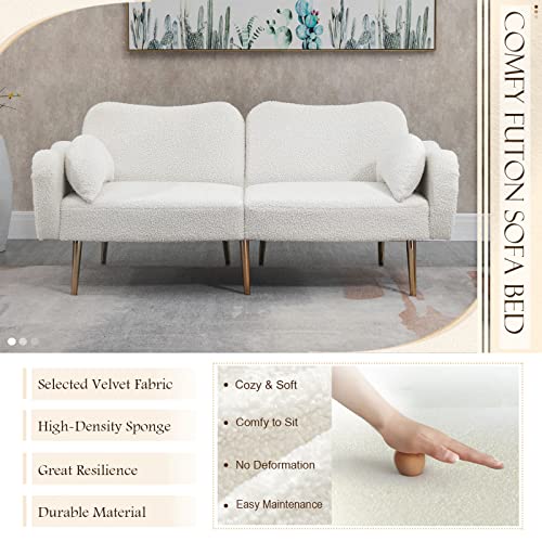 Modern Velvet Futon Sofa Bed, Convertible Loveseat with 2 Crescent-shaped Pillows, Small Sleeper Sofa with 3 Adjustable Positions, Upholstered Living Room Couch with 7 Metal Tapered Legs, White Teddy