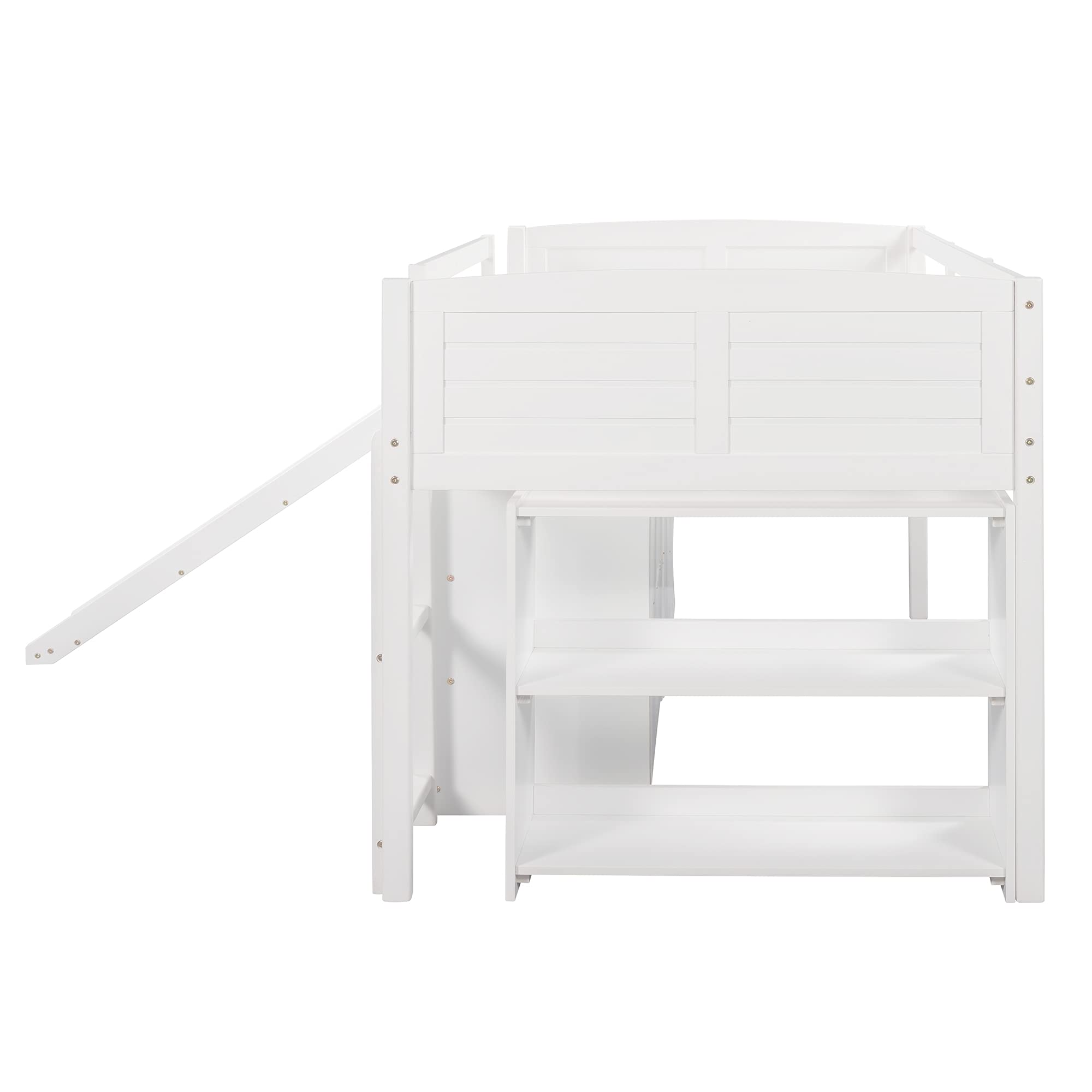 MERITLINE Twin Loft Bed with Slide, Kids Loft Bed with Storage Shelves and Drawers, Wood Low Loft Bed with Cabinet, Twin Size Loft Bed Frame for Living Room, Bedroom (White, New)