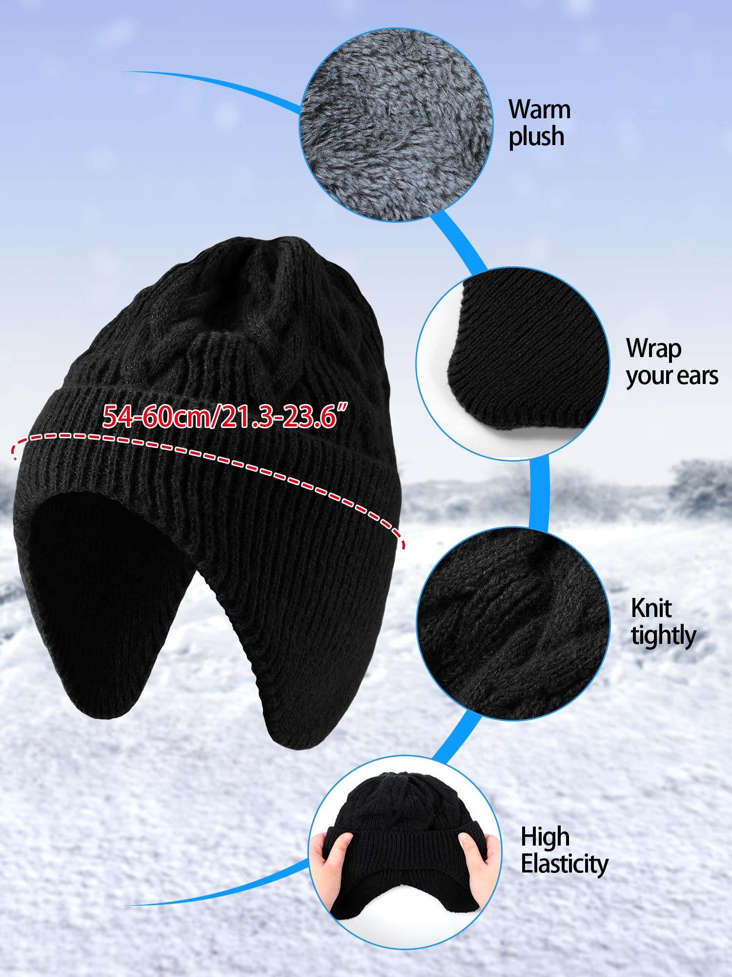 Giegxin 2 Pcs Hats with Ear Flaps Winter Knit Earflap Beanie Hat Warm Stocking Caps with Short Plush Lined Brimmed Ski for Women Men (Black, Khaki)