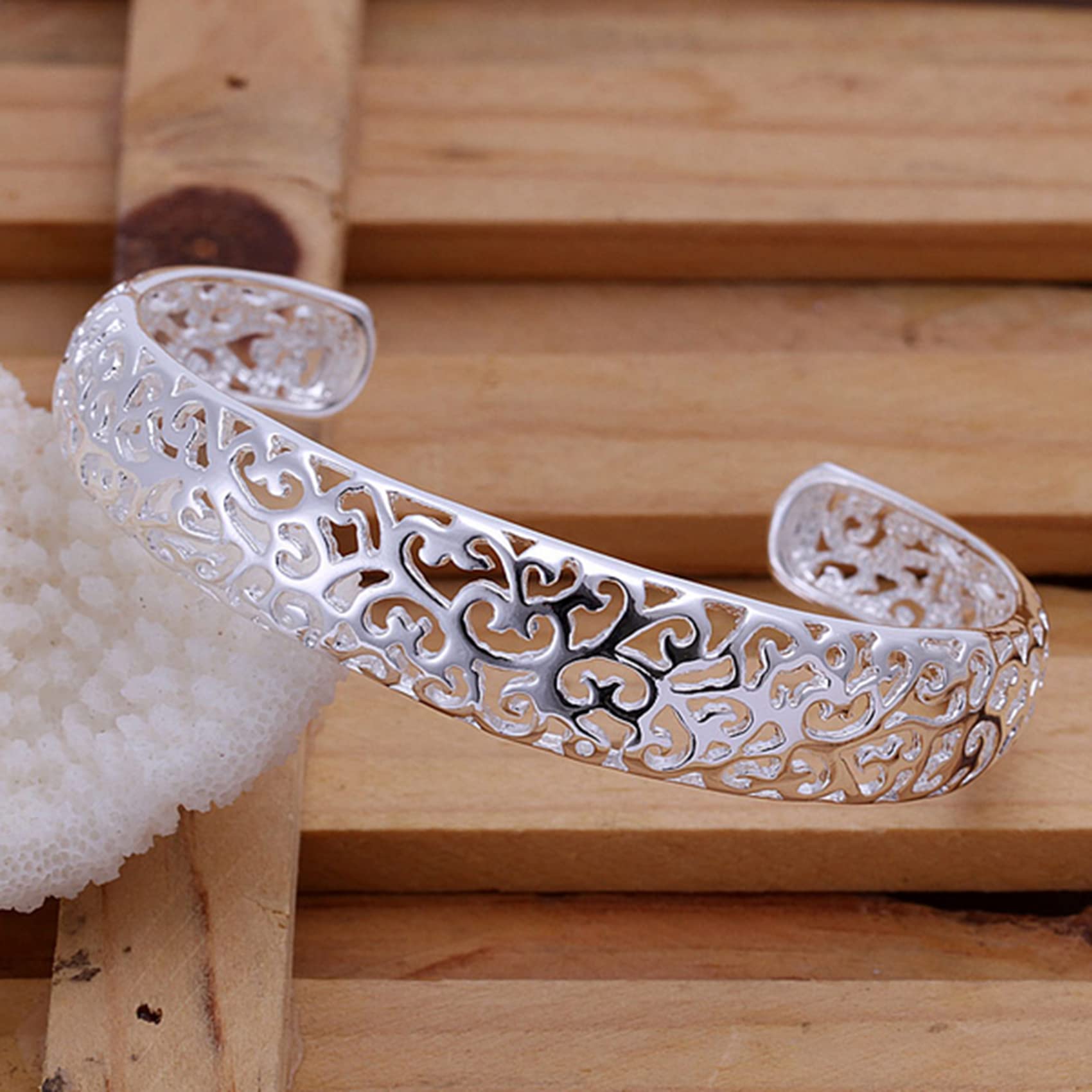 Generic ploon Hollow Open Bangle Bracelet Jewelry Stainless Steel Cuff Charm for Women, Silver