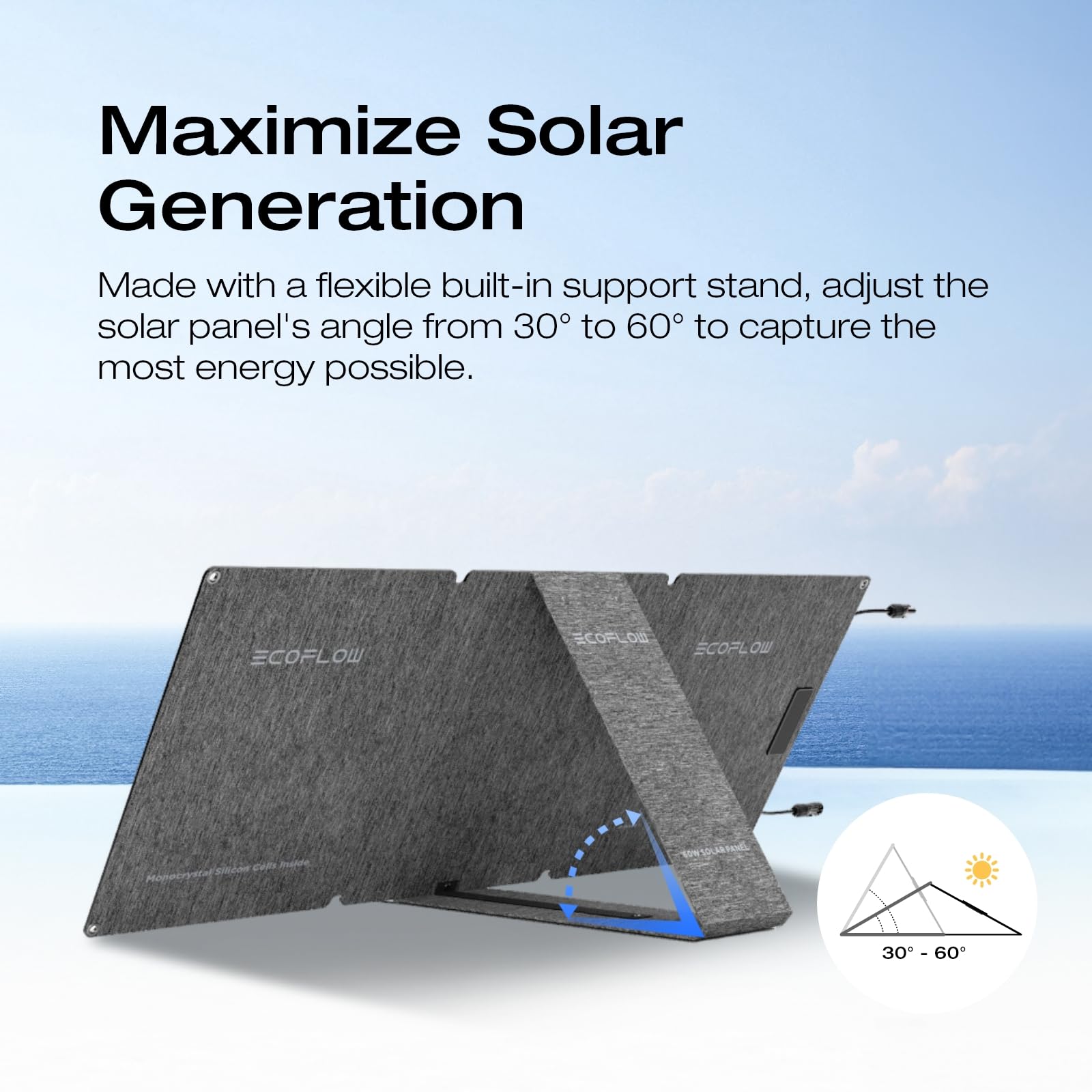 EF ECOFLOW 60W Portable Solar Panel for Power Stations, Camping, Backup Lightweight Foldable Solar Panel with Supporting Stand, High 23.4% Converting Monocrystalline Cells IP68 Waterproof