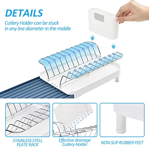 TOOLF Small Expandable Dish Rack, Compact Dish Drying Rack with Stainless Plate Rack, Rustproof Dish Drainer with Removable Utensil Holder in Sink Or On Counter for Kitchen, Small Space, RV