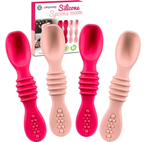 Silicone Baby Spoons for Baby Led Weaning 4-Pack, First Stage Baby Feeding Spoon Set Gum Friendly BPA Lead Phthalate and Plastic Free, Great Gift Set (Pink)