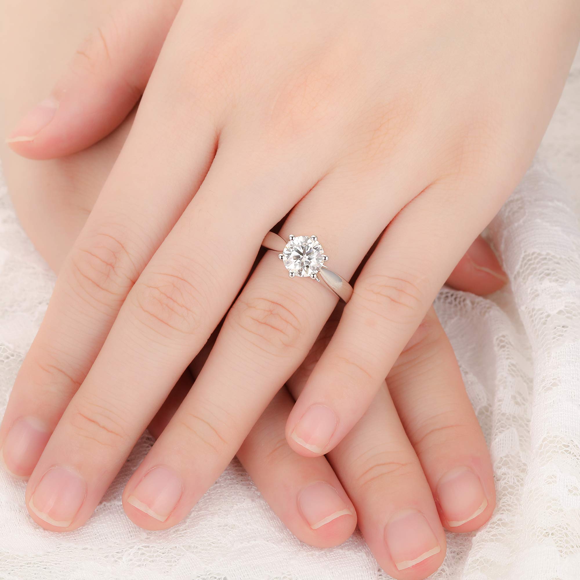 Esdomera Solitaire 6 Prongs 2.00ct Round Cut 8mm Moissanite Women's Engagement Ring in Platinum Plated Sterling Silver Proposal Ring (5.5)