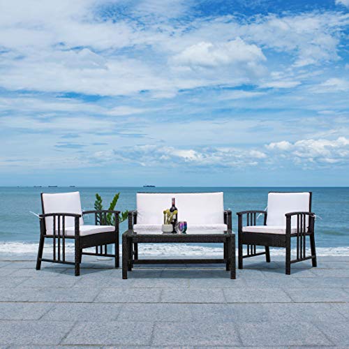 SAFAVIEH Outdoor Collection Reslor Wicker Cushion 4-Piece Living Set PAT7713A, Black/White