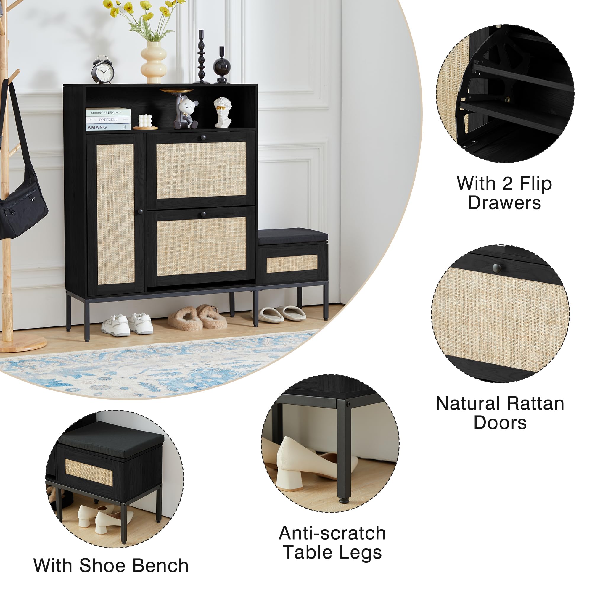 NVETHM Shoe Cabinet, Shoe Storage Cabinet with Two Rattan Doors and Adjustable Shelves, Free Standing Shoe Rack for Entryway, Living Room (Natural-1)
