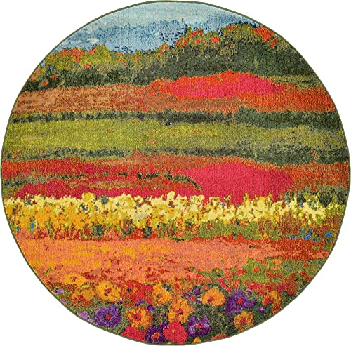 Unique Loom Estrella Collection Floral, Landscape, Abstract, Modern, Fields Area Rug, 6' 1" x 6' 1", Multi/Green