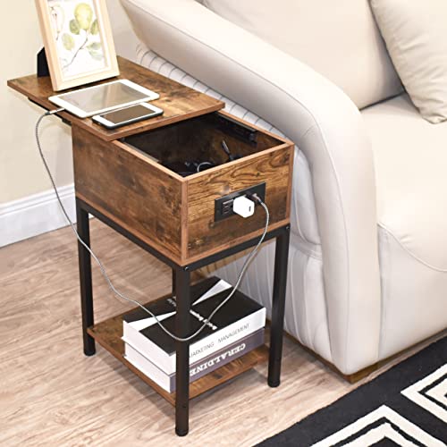SZLHANJZ Nightstand with Charging Station, Narrow End Table with Storage Drawer, Wood & Metal Narrow Nightstand 2 Tier, Small Sofa Bed Side Table for Living Room Bedroom Dorm, Dark Brown