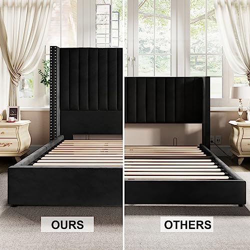 Jocisland King Bed Frame Lift Up Storage Bed, Velvet King Upholstered Bed Frame/Channel Tufted Wingback Headborad/No Box Spring Needed/Black