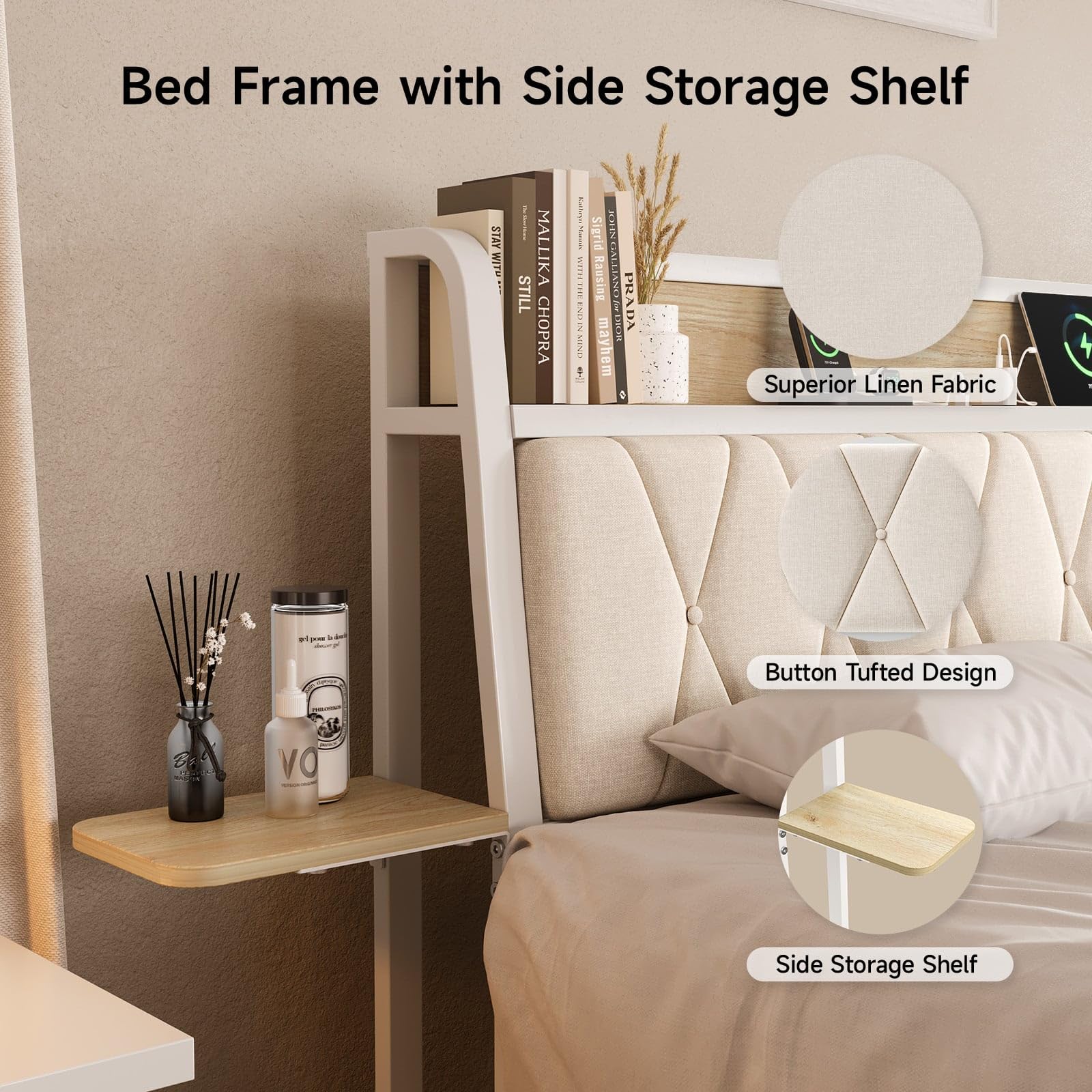ONBRILL Queen Bed Frame with Side Storage Shelf, Ergonomic Upholstered Headboard with Charging Station, Queen Size Platform Bed Frame, Metal Slats Support, No Box Spring Needed, Easy Assembly, White