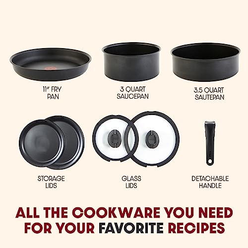 T-fal Ingenio Nonstick Cookware Set 8 Piece Induction Stackable, Detachable Handle, Removable Handle, RV Cookware, Cookware, Pots and Pans, Oven, Broil, Dishwasher Safe, Black