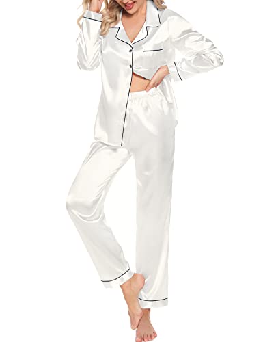 Senert Women's Long Sleeve Sleepwear Button Down Satin 2 Piece Pajama Set White,Medium