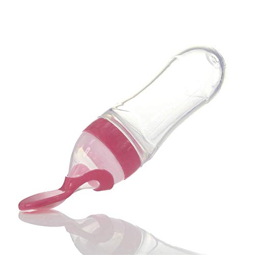 Silicone Squeeze Bottle Spoon Baby Feeding Cereal, Rice, Supplement with Dispensing Feeder, Food Dispensing Spoon, Infant Newborn Toddler Food Supplement Set- 90ml Pink
