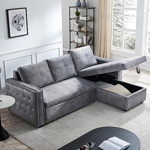 Morden Fort Sleeper Sectional Sofa [Large Size] Reversible Storage L-Shape Chaise 3 Seat Sectional Couch with Put Out Bed Velvet Gray