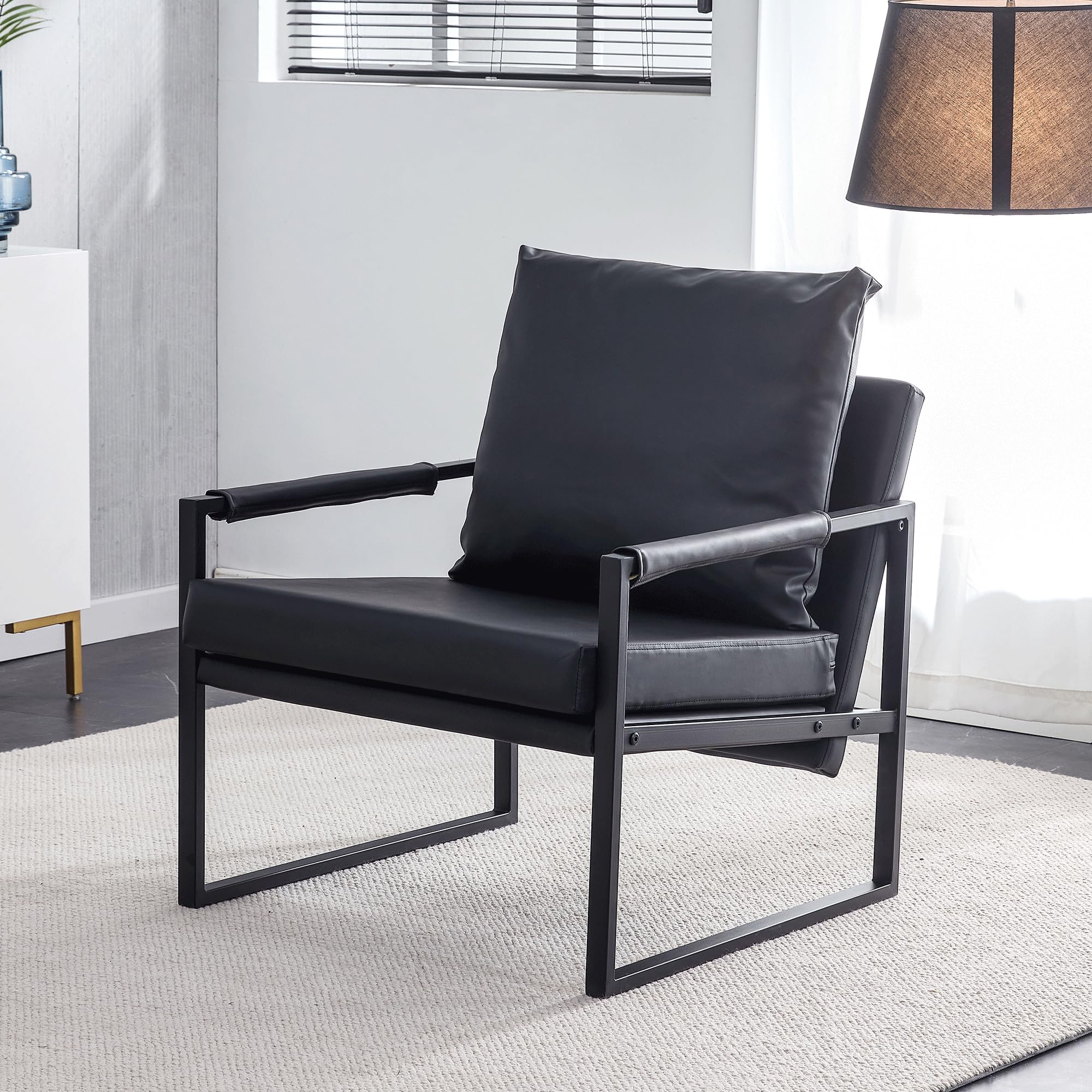 SPOFLYINN Furniture Soft Upholstered Armchair-Modern Metal Frame Pu Leather Accent Chair with Extra-Thick Padded Backrest & Seat for Home, Office, Living Room, Bedroom-Comfortable & Durable Black