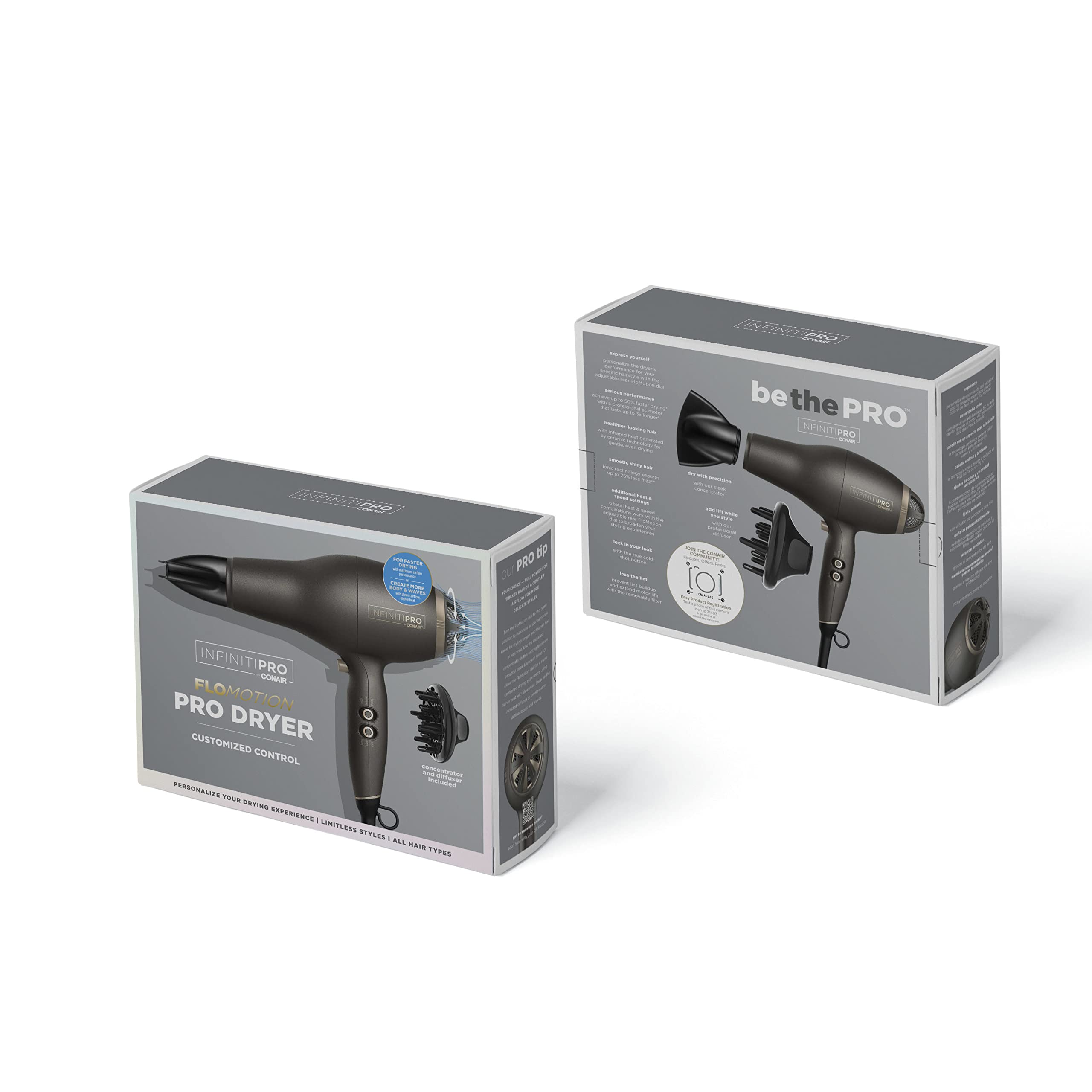 INFINITIPRO BY CONAIR FloMotion Pro Hair Dryer | Personalize Your Drying Experience with Adjustable Airflow | Includes Diffuser and Concentrator