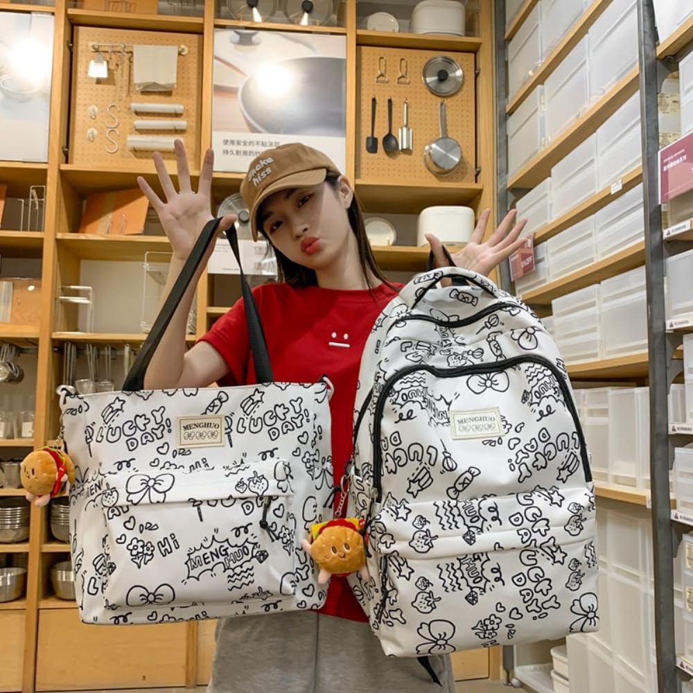 Eaokwfp Kawaii Backpack with Cute Accessories, Tote Bag Cartoon Graphic Laptop Backpack, Large Capacity Casual Travel Daypack (Bear Tote Bag)