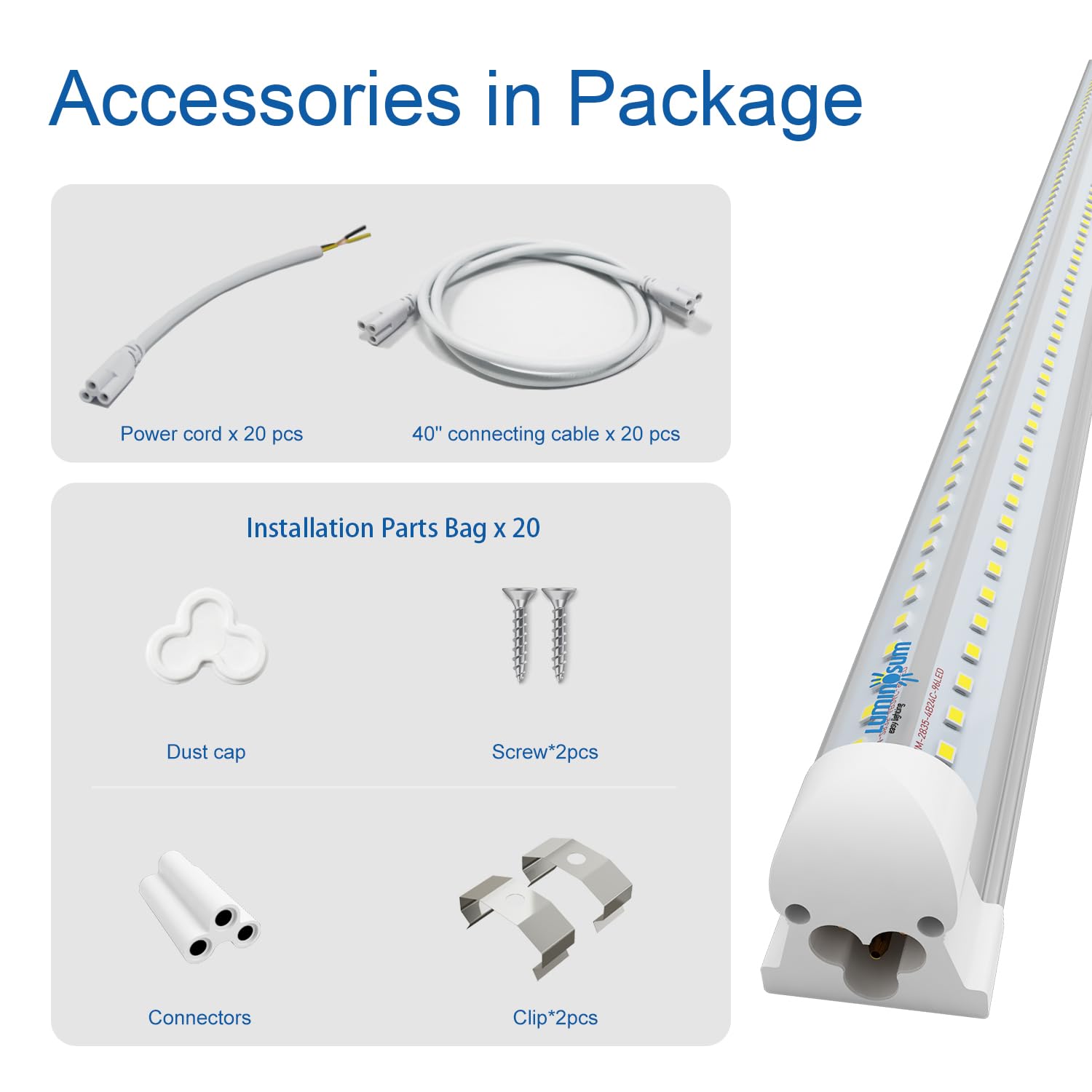 LUMINOSUM LED Shop Light 6ft, 42W LED Tube Light Fixture, Clear Cover Daylight 5000K, V-Shaped Integrated Fixture for Cooler Door Lighting, 20-Pack