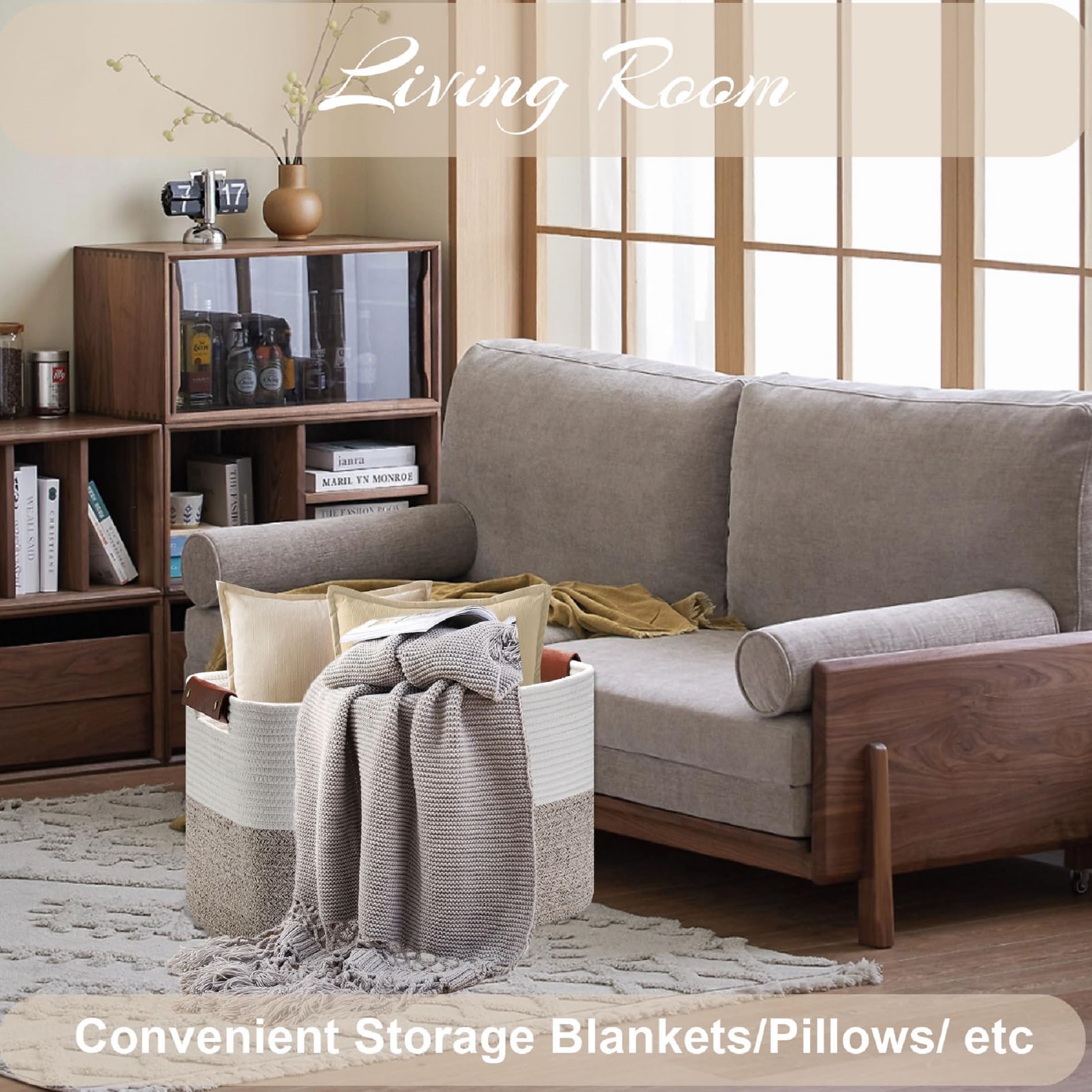 Large Storage Basket with Handles,20 "L x 14" W x 12 "H, Laundry Hamper Basket, Blanket Basket,Toy Storage Basket,Extra large cotton rope basket(Large Brown)