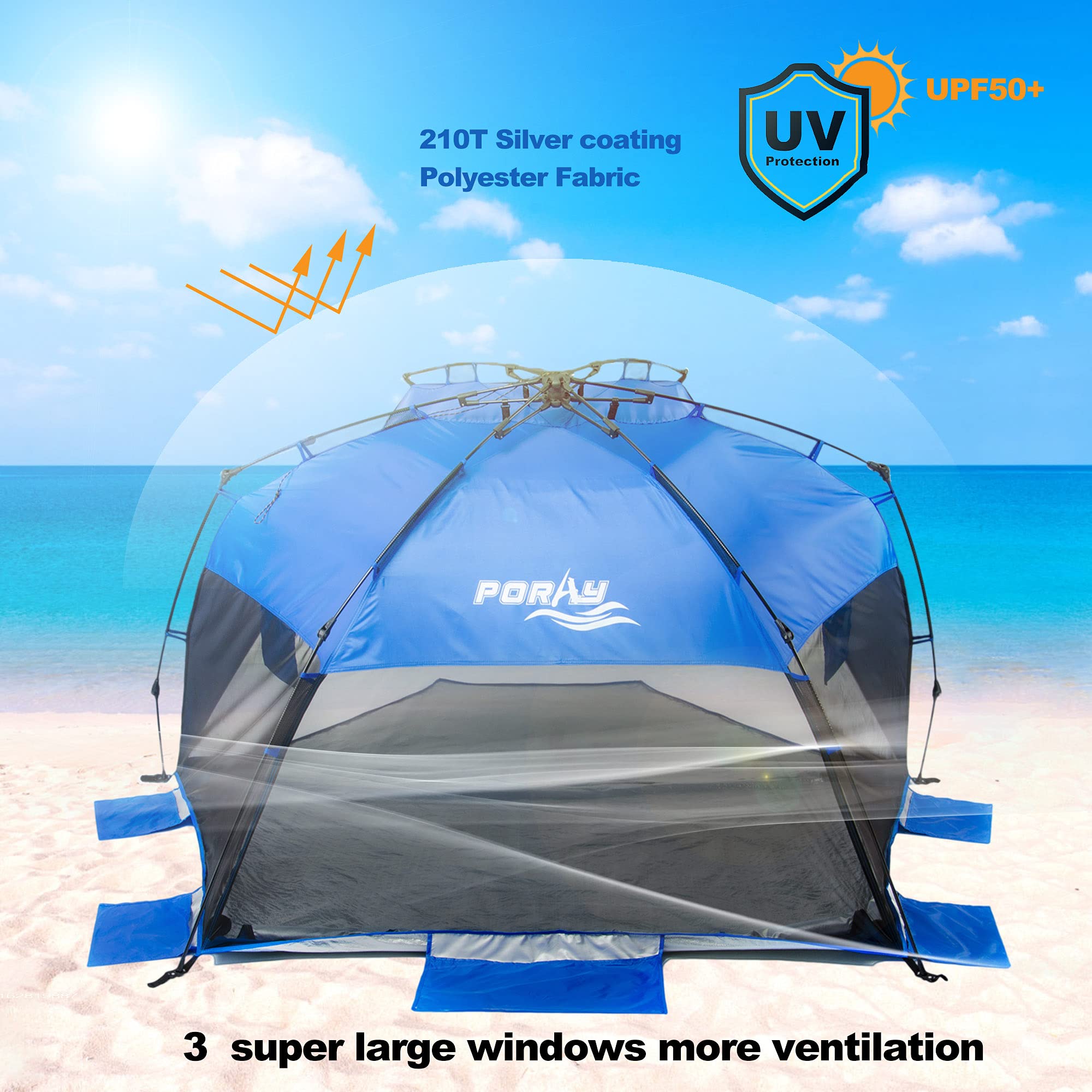 Easy Up Folding Beach Tent,Privacy Deluxe Sun Shelter for Family and Sports Events,SPF 50+,Large Ventilation Windows and Storage Pockets with Stakes