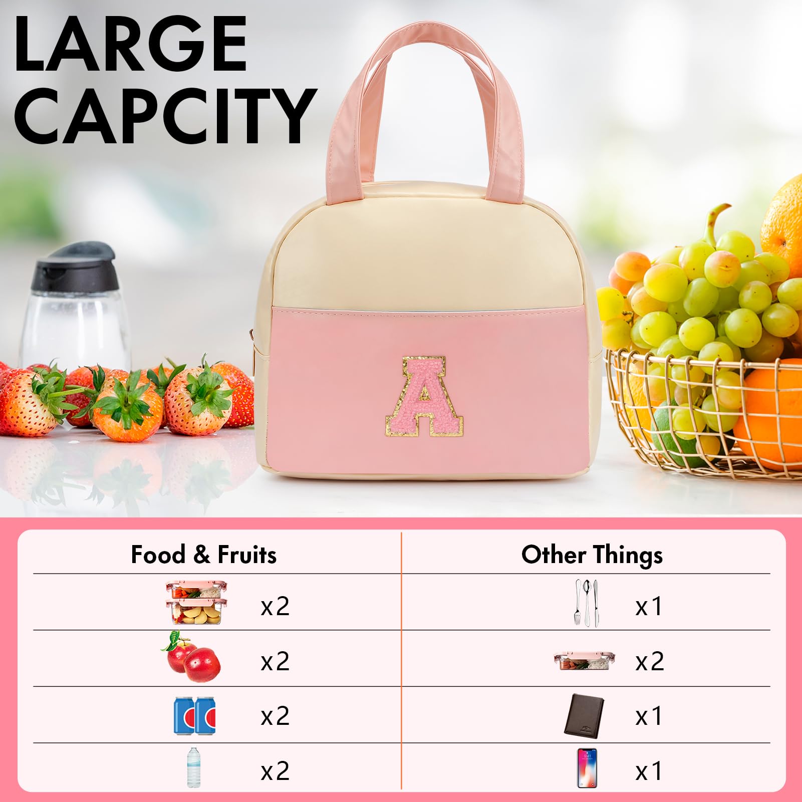 DIRGEE Lunch Bag for Women Insulated Lunch Bag For Men PU leather Small Lunch Bag for Office Work lunch Bag with Chenille Letters Leakproof Freezable Cooler Bag Reusable Portable Lunch Box E