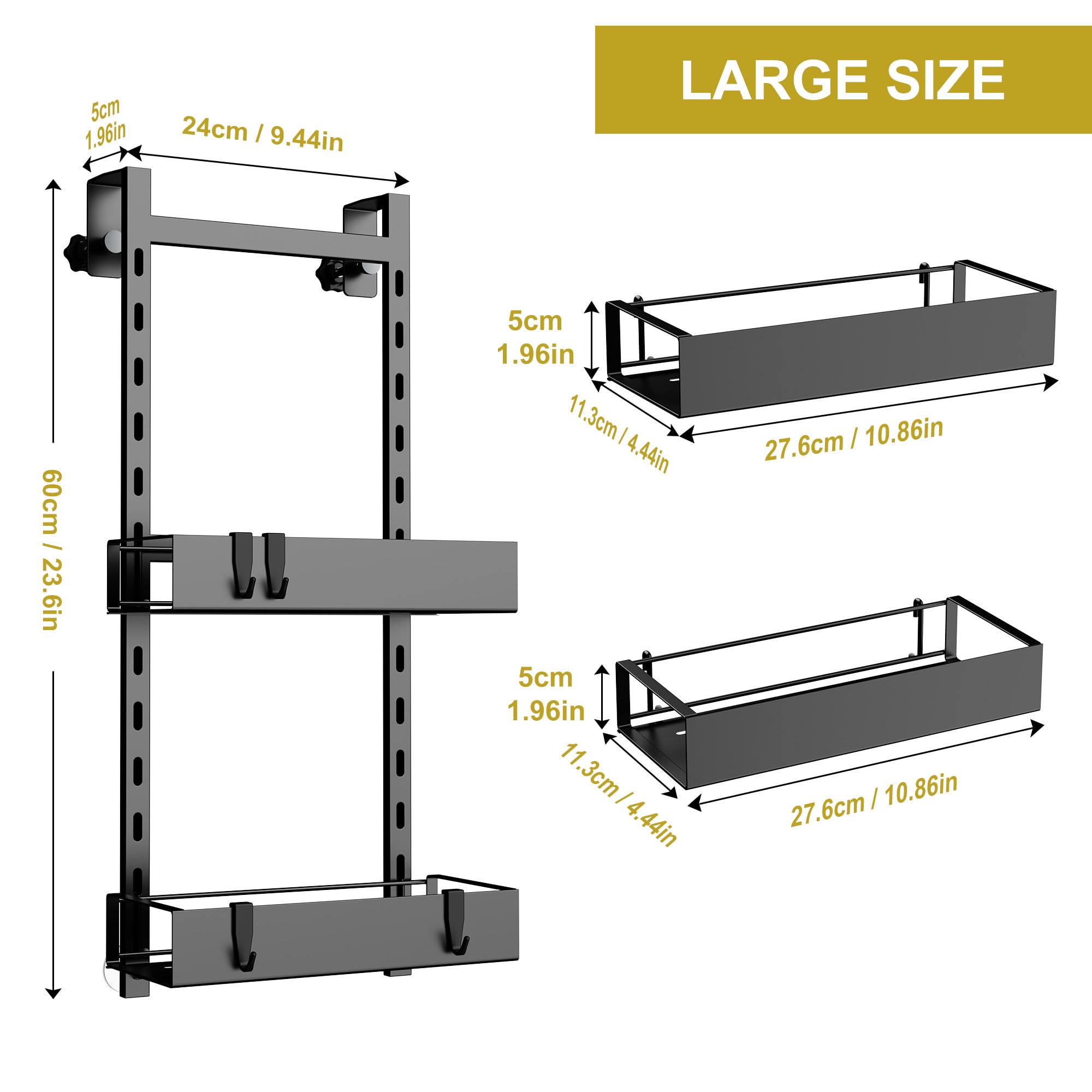 Orimade Over The Door Shower Caddy Height-Adjustable, Sturdy Bathroom Hanging Organizer Shelf Rustproof with 4 Hooks, Shower Basket Storage Rack with Suction Cups 2 Tier, Black