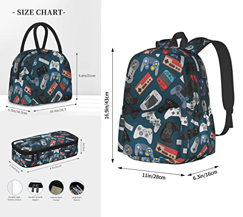 Oplp Video Game Controller Background Large Capacity Backpack Lunch Bag Pencil Case Combination 3 Piece Set