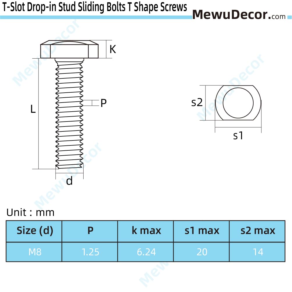 M8 x 25mm T-Slot Drop-in Stud Sliding Bolts T Shape Screws, 304 Stainless Steel 18-8, Plain Finish, Fully Threaded, 10 PCS