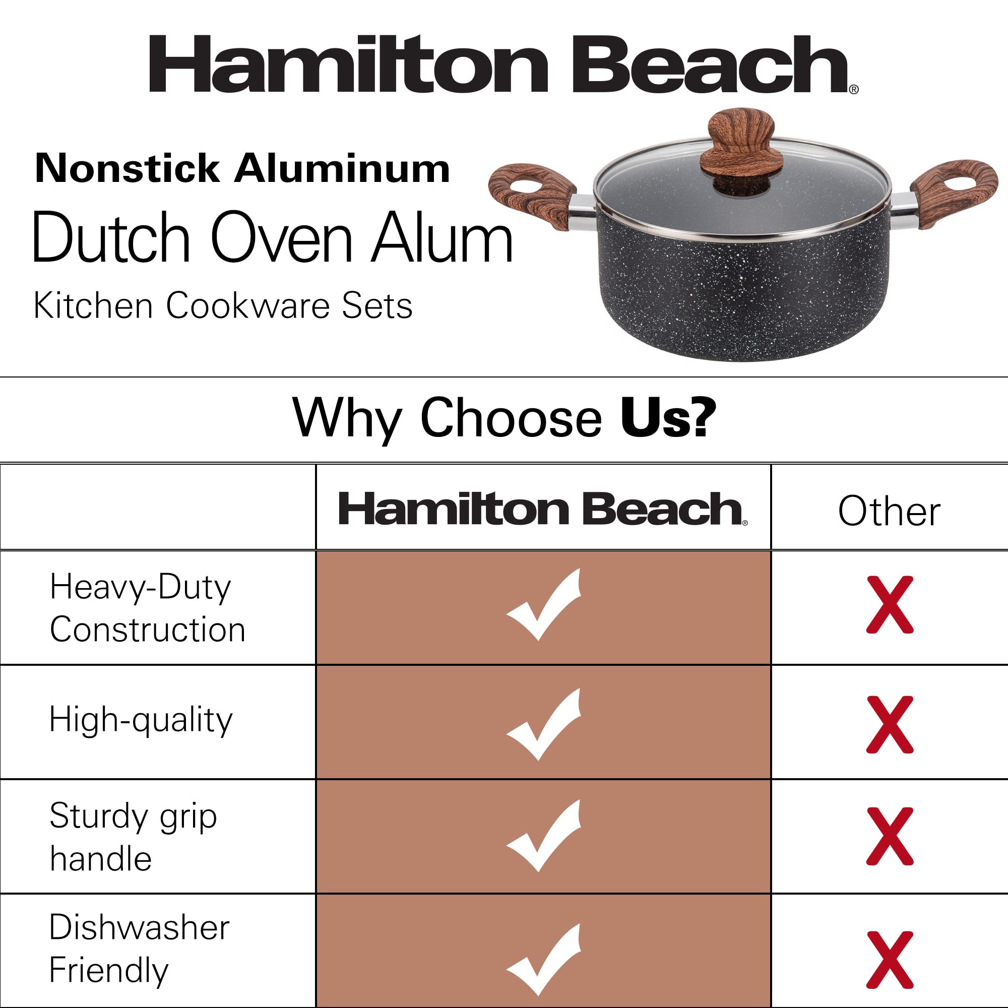 Hamilton Beach 3 Quart Nonstick Marble Coating Even Heating Round Dutch Oven Pot with Glass Lid and Wooden Like Soft Touch Handle, Dutch Oven Pot, Braising, Roasting