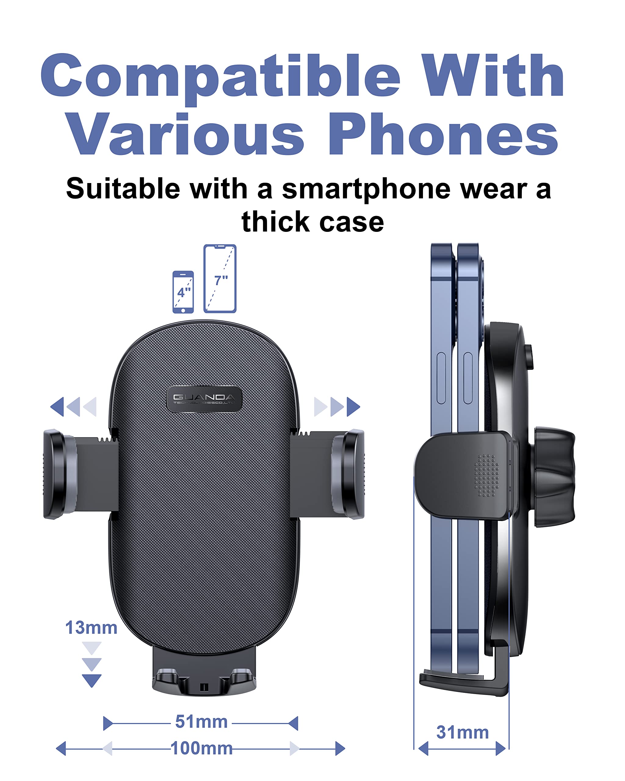 Universal Car Phone Holder Mount for Dashboard Windshield, Military Hands-Free Cell Phone Stand Automobile Cradles Truck Accessories Fit for All iPhone Android Smartphones