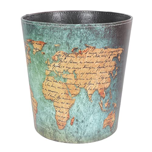 jojofuny Waste Bucket Rubbish Storage Bin Leather Trash Can World Map Design Vintage Waste Paper Basket Garbage Container Bin for Bathroom Kitchen Living Room Bedroom Office Trash Bin Waste Container