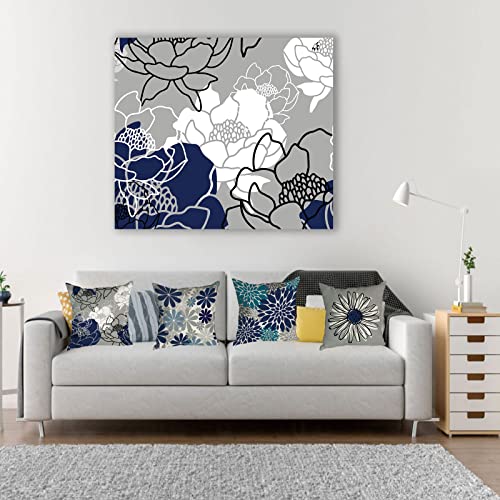 Set of 4 Decorative Throw Pillow Covers 18x18 Blue and Grey Modern Daisy Floral Pillow Covers for Living Room Farmhouse,Modern Simple Boho Cushion Bed Outdoor Home Decor
