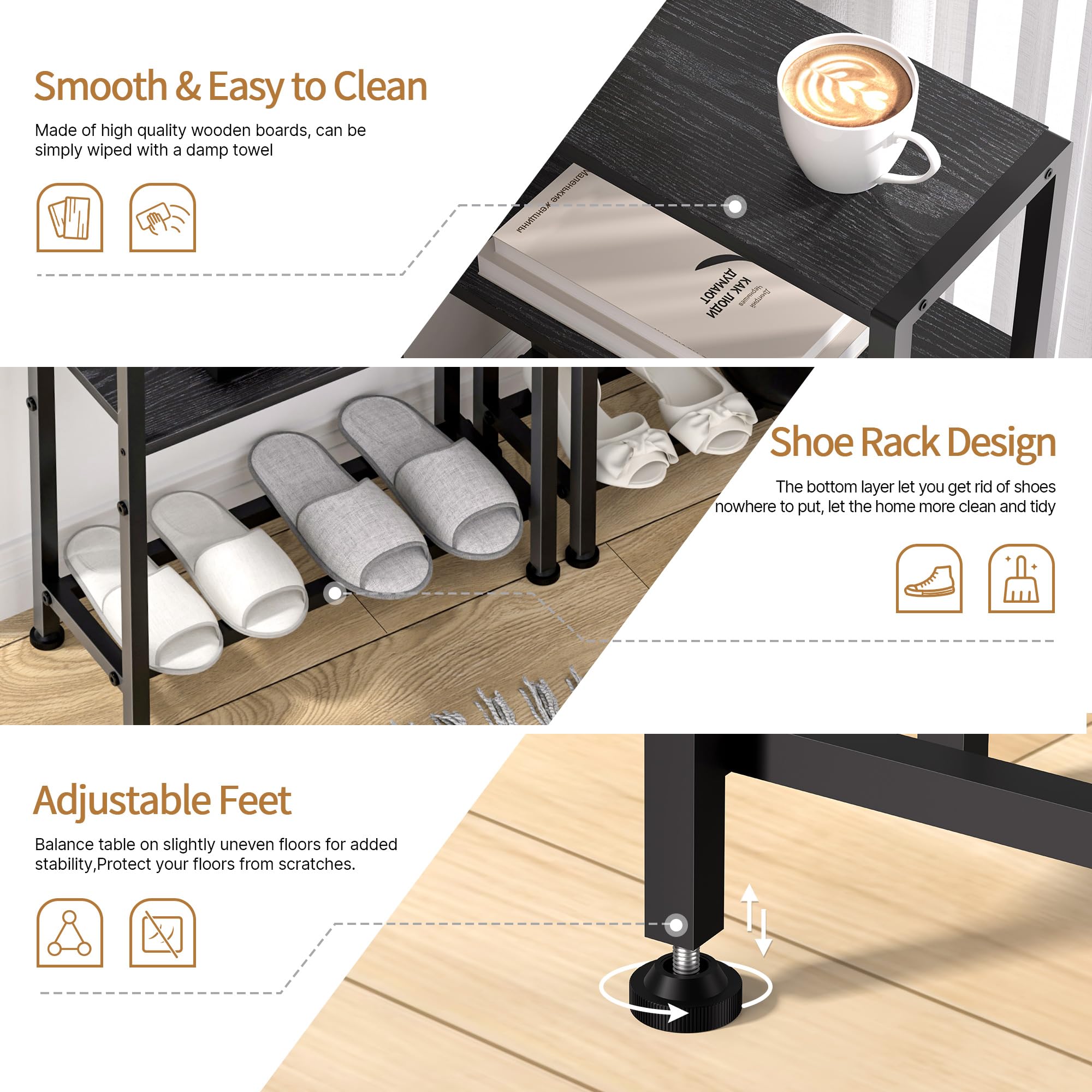 Narrow Side Table with Storage Shelf, 3-Tier Slim End Table for Small Space, Small Bedside Table, Skinny Nightstand with Magazine Rack in Living Room, Bedroom, Study, Kitchen, Balcony (Black)