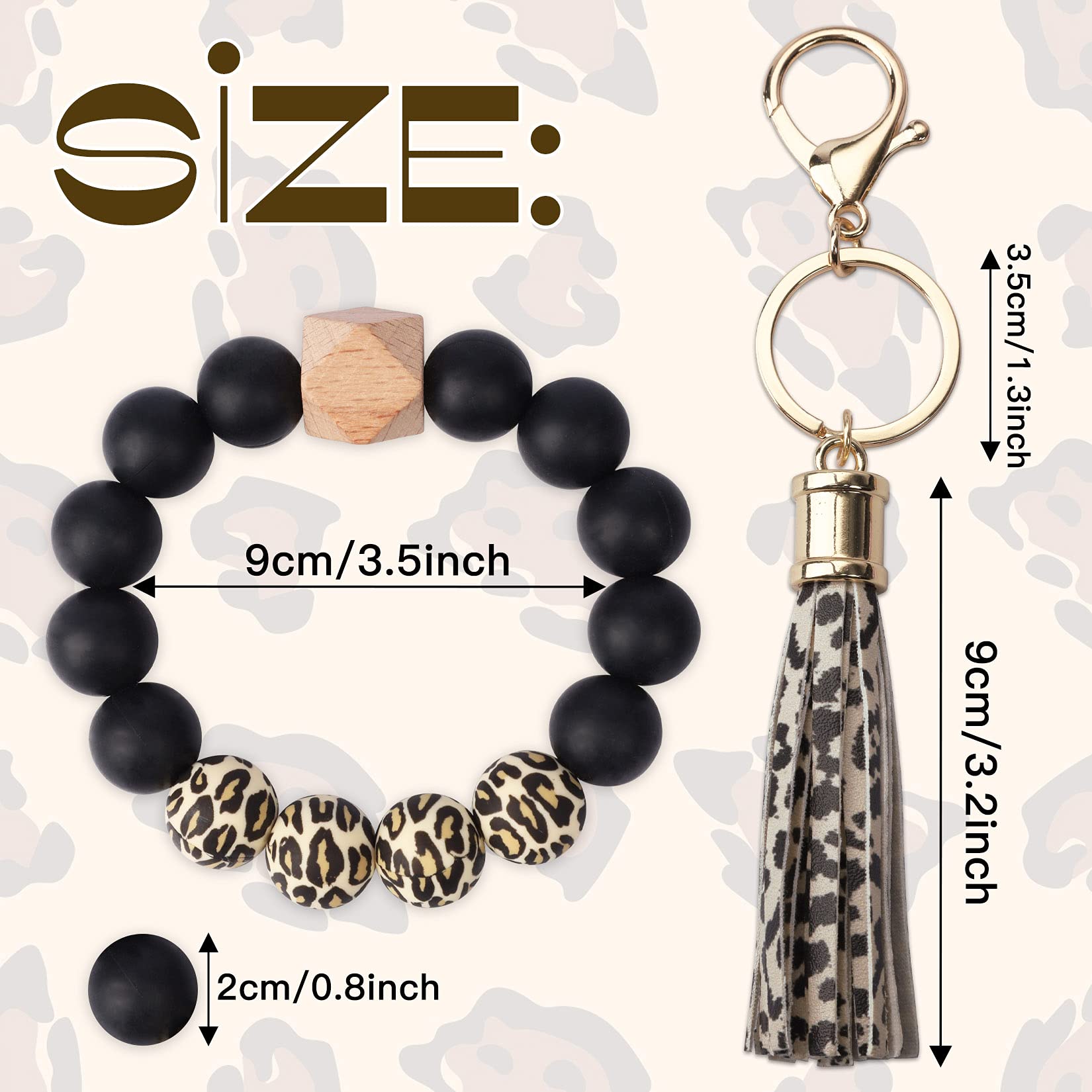 GIEMSON Silicone Key Ring Bracelets Wristlet Keychain Car Beaded Key Ring Bangle Chains for Women(Leopard)