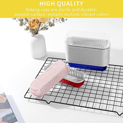HEYYUMI Disposable Mini Loaf Pans with Lids, 50pcs 6.8oz Aluminum Foil Narrow Cake Pans,Rectangle Cupcake Baking Cups Ramekins Tins Liners Containers Flans for Bread Muffin Brownie Cheesecake(Gold)
