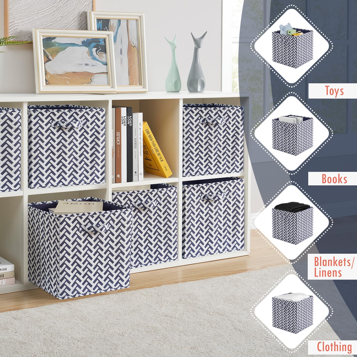 Ornavo Home 6 Pack 13 x 13 Inch Kallax Storage Cube Bin, Printed Pattern Collapsible Fabric Storage Shelf Bins Cube Organizer for Closet with Handles, Ash Gray