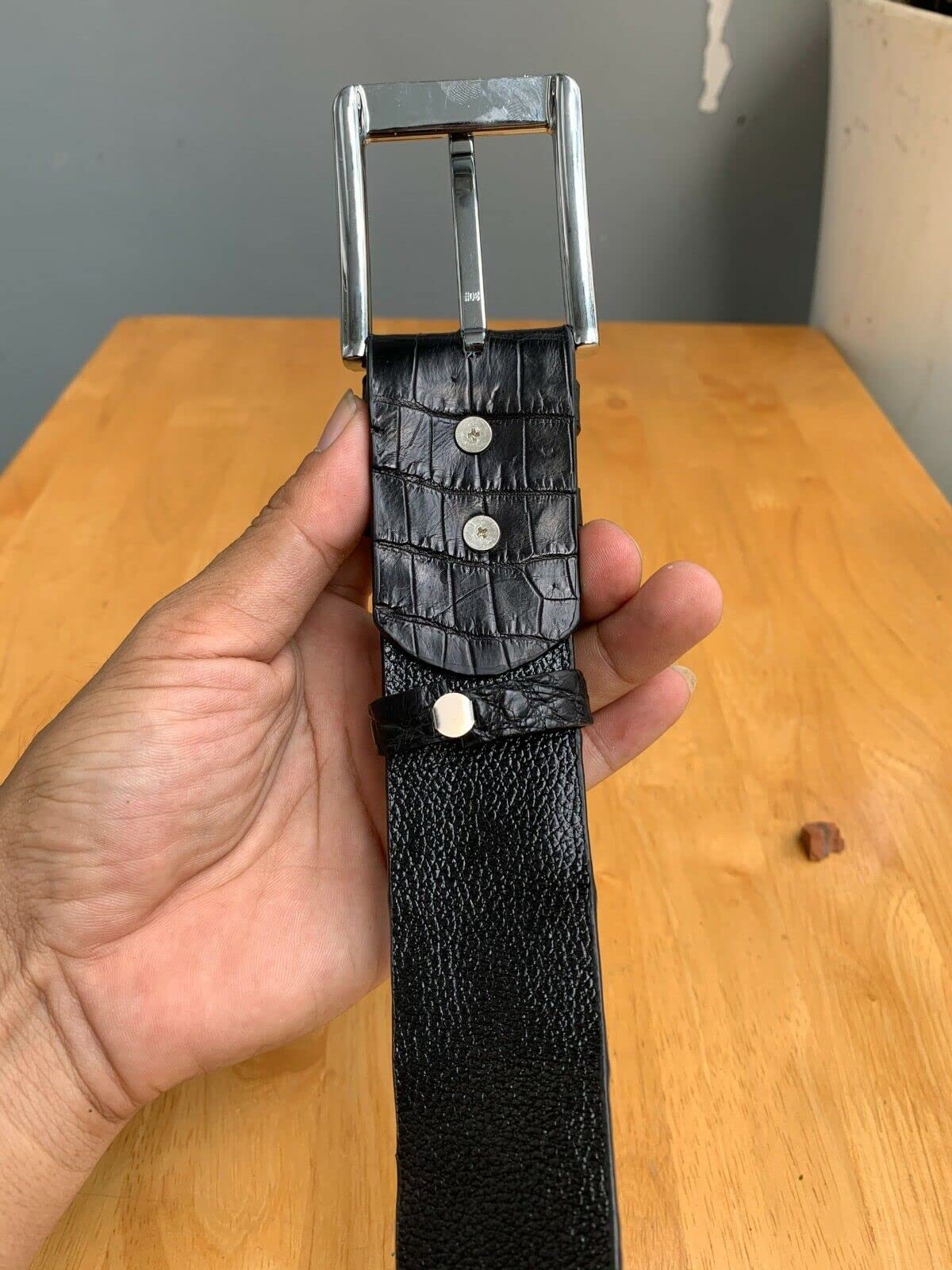 Genuine crocodile hornback back bone leather skin Belts buckle for men, real Alligator Men's belt, strap width 1.57" (Black, Waist size 38)