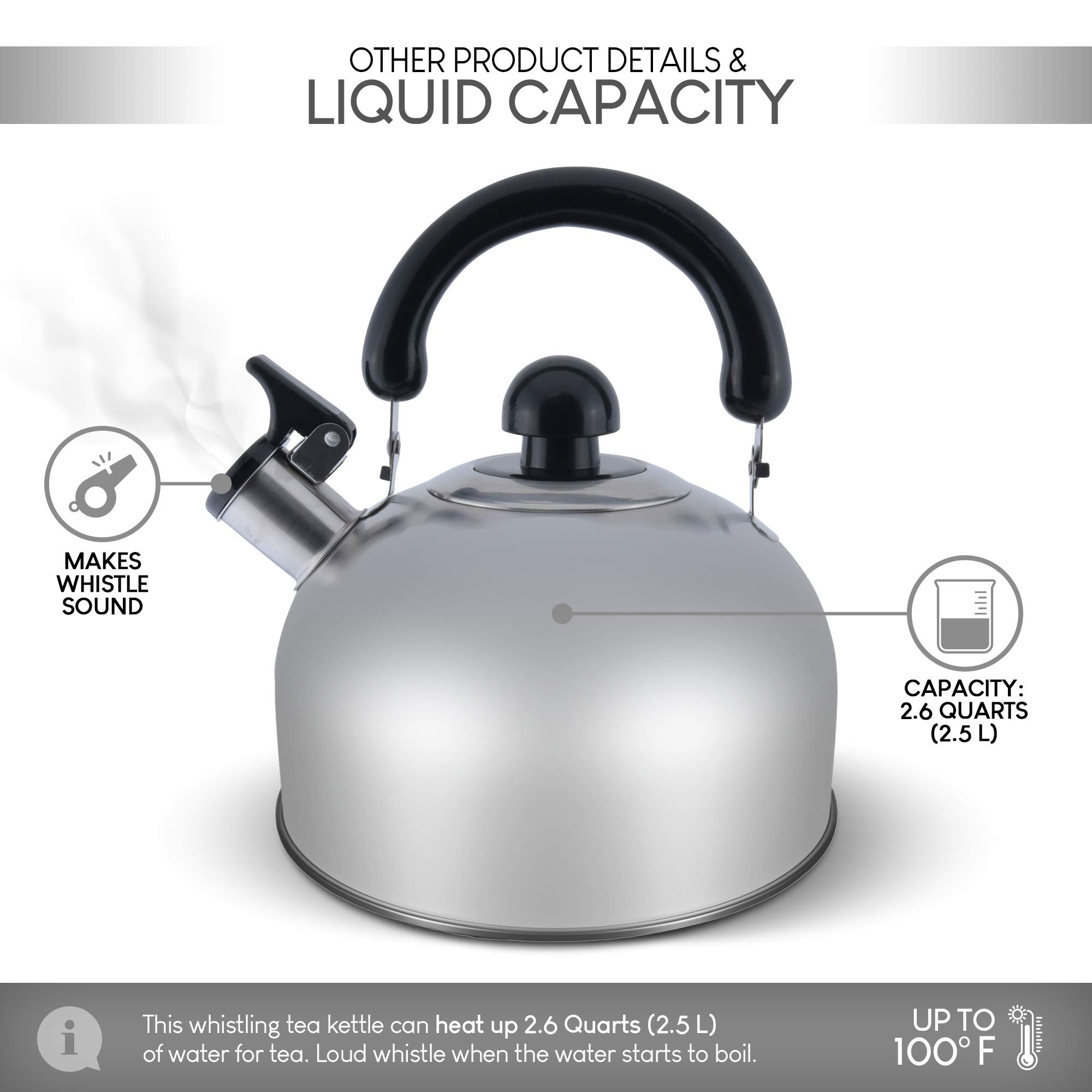 ELITRA HOME Whistling Tea Kettle Stainless Steel Tea Pot with Stay Cool Handle 2.6 Quart / 2.5 Liter (SATIN)
