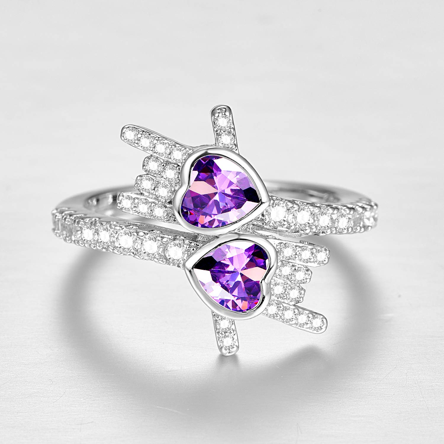 Emsione 925 Sterling Silver Plated Created Amethyst 2 Heart CZ Cut Whit Rock Hands Eternity Ring Anniversary Wedding Engagement Band Ring Size 9 Color Purple