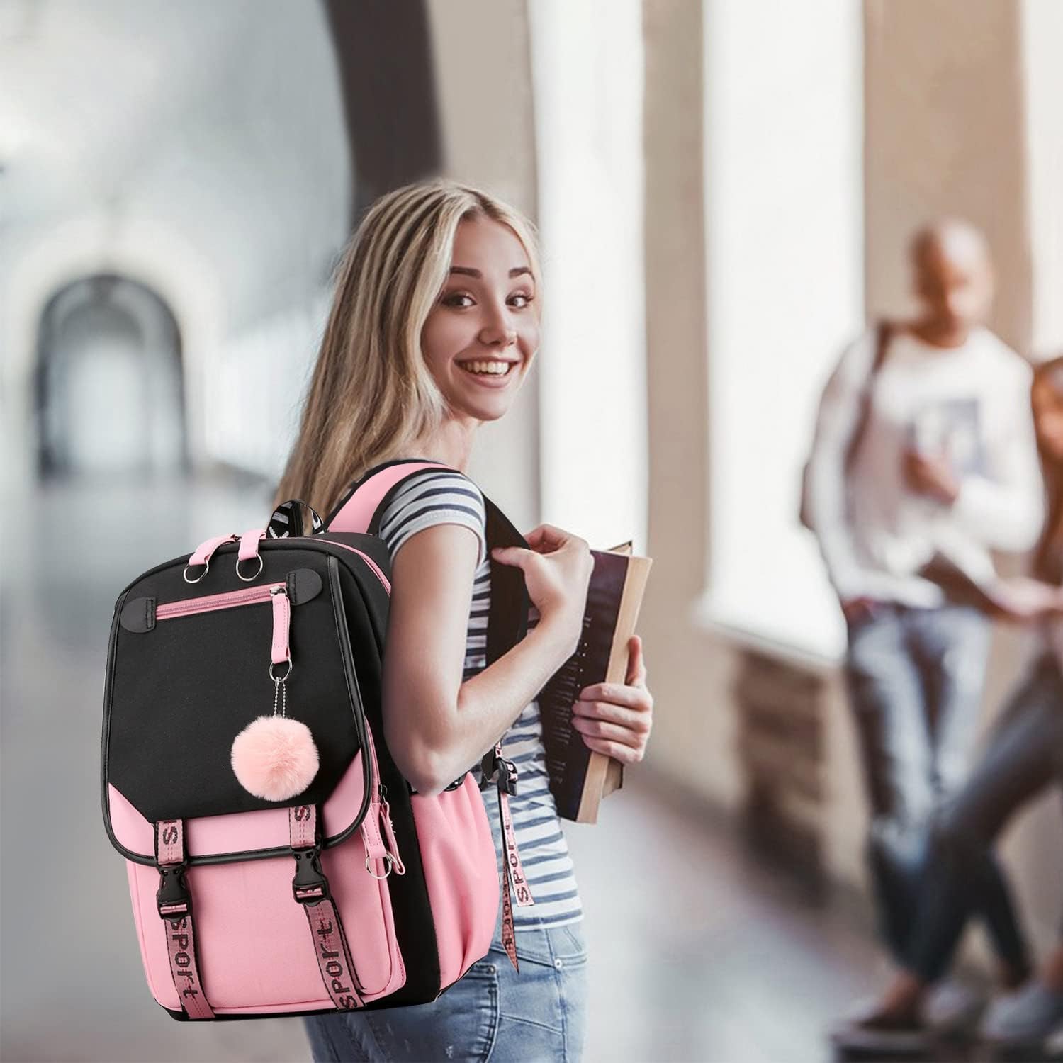 Digi4U Girls Backpack Middle School Students Bookbag,School Backpack with USB Charge Port for Teens Girls Women 3+ Years(Blackpink)