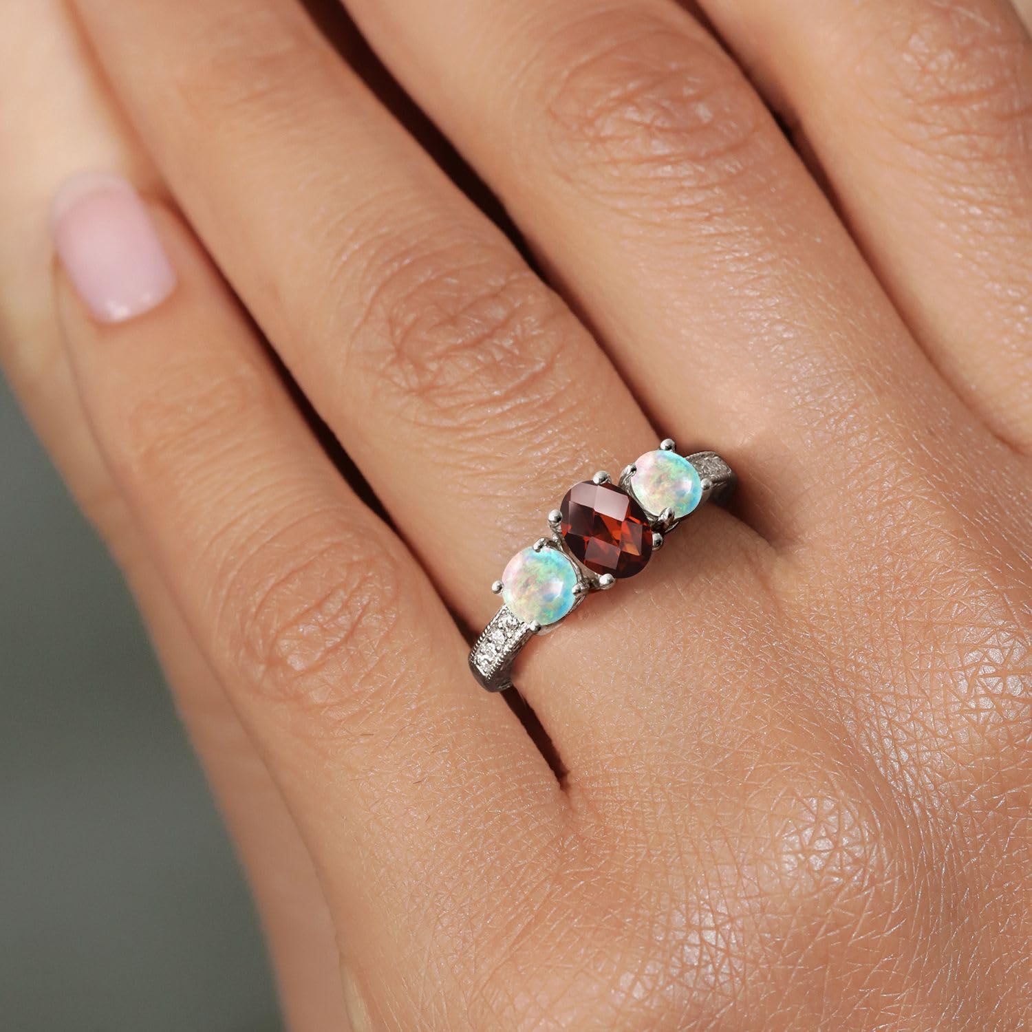 Gem Stone King 925 Sterling Silver Oval Checkerboard Red Garnet and White Simulated Opal Ring For Women (2.12 Cttw, Gemstone Birthstone, Available In Size 5, 6, 7, 8, 9)